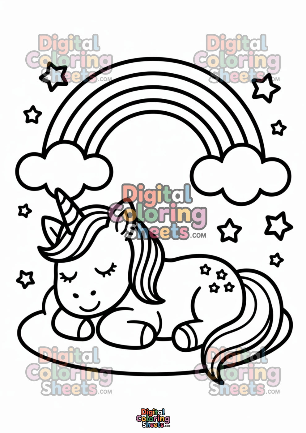 Free A4 Sleeping Unicorn Under Rainbow – Magical Coloring Page for Kid ...